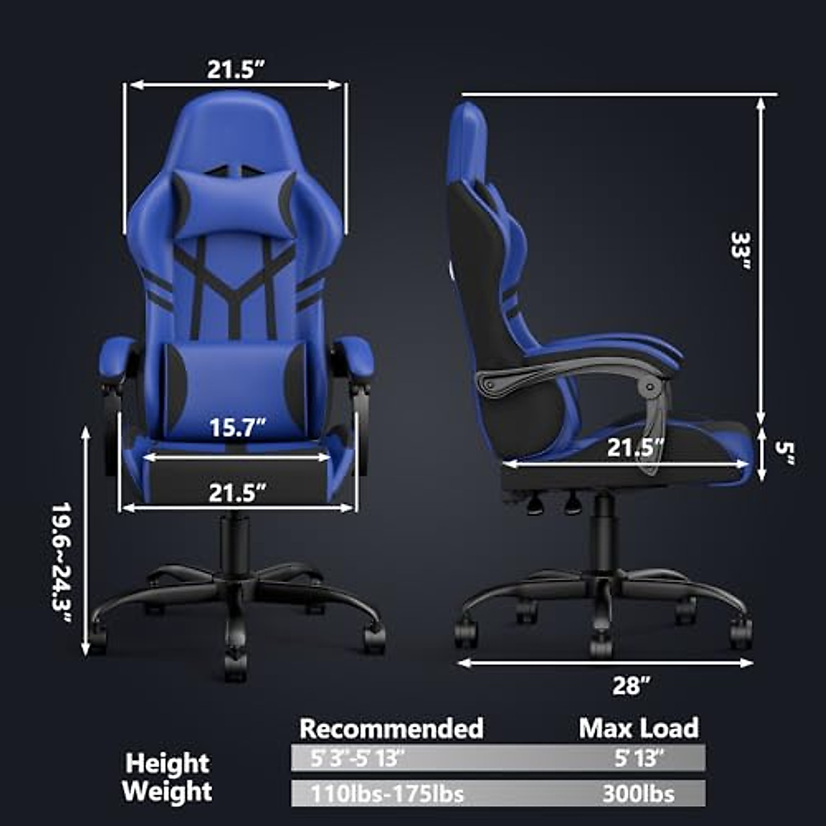 ZHISHANG Silla Gamer Video Game Chairs, Gaming Chairs for Adults, Gamer Chair Ergonomic PC Computer Chair with High Back, Headrest, and Lumbar Support, for Boys Adults Teens(Black-Blue)
