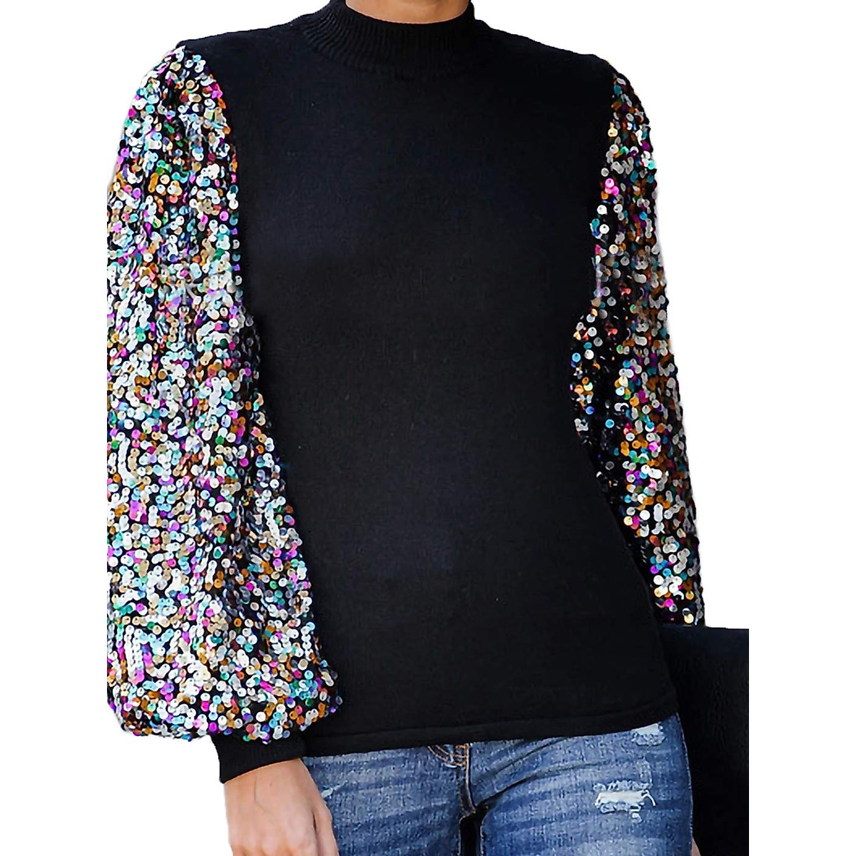 Anna-Kaci Women's Confetti Sequin Balloon Long Sleeve Mock Neck Pullover Sweatshirt (Black, Large)