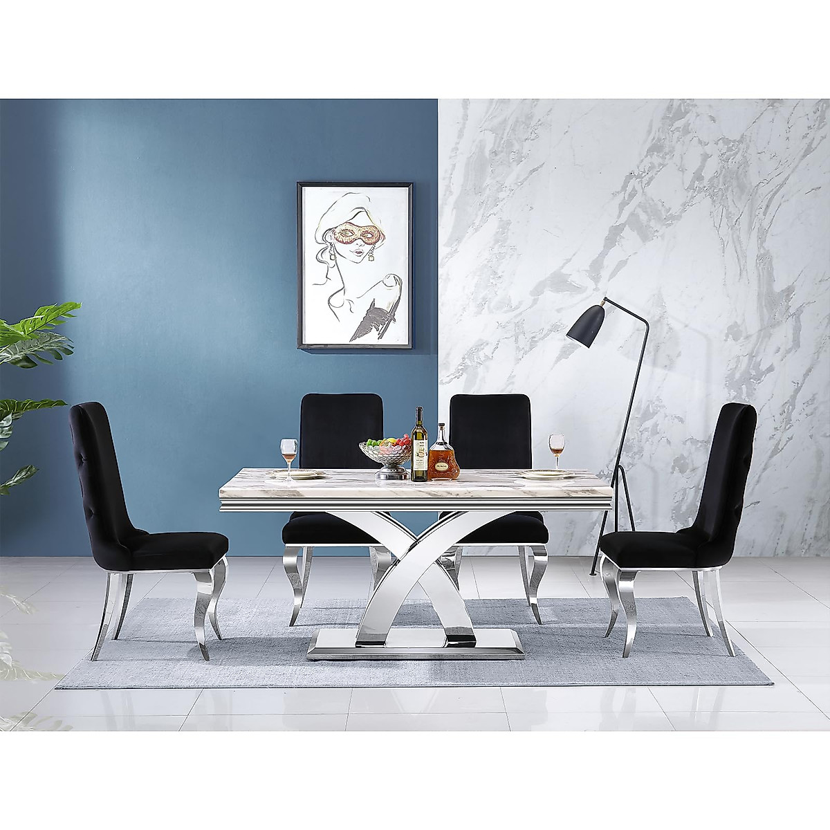 AUZ Dining Table, 65" Rectangular Modern Kitchen and Dining Room Table with Silver Double X Base in White Silver