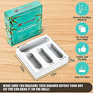 ALEXUZ Bamboo Food Storage Bag Organizer for Kitchen Drawer, Baggie Organizer Dispenser Compatible with Ziploc, Solimo, Glad, Hefty for Gallon, Quart, Sandwich & Snack Variety Size Bags (White)