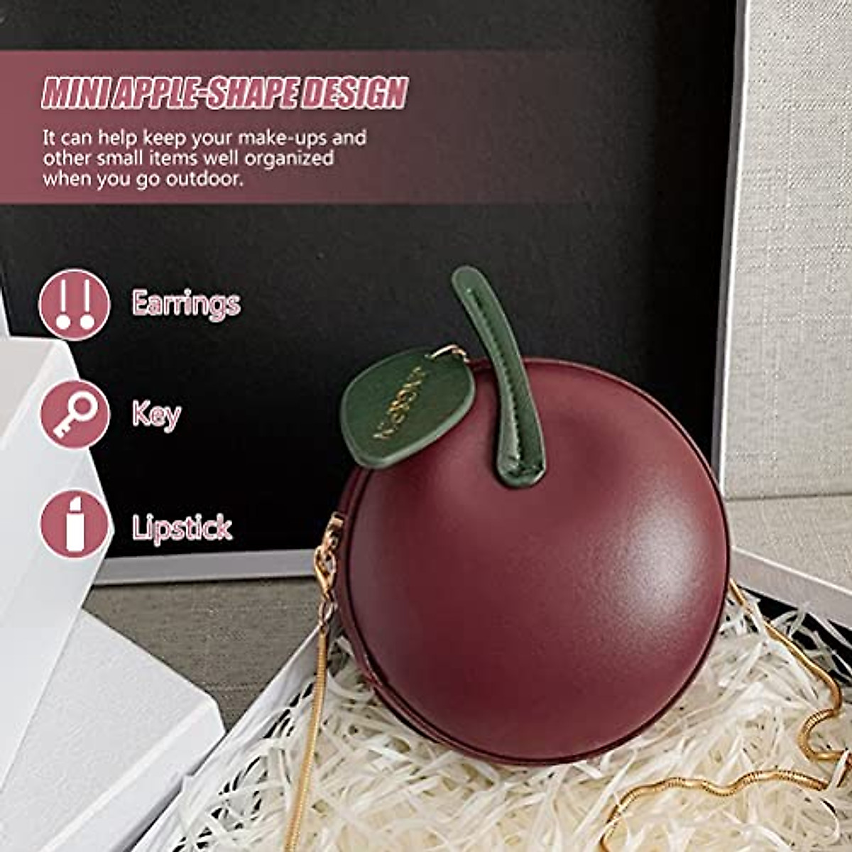 LUOZZY Apple Shape PU Leather Handbag Cartoon Shoulder Bags Adjustable Strap Clutch Jelly Purse Fruit Shape Gift - Fuchsia