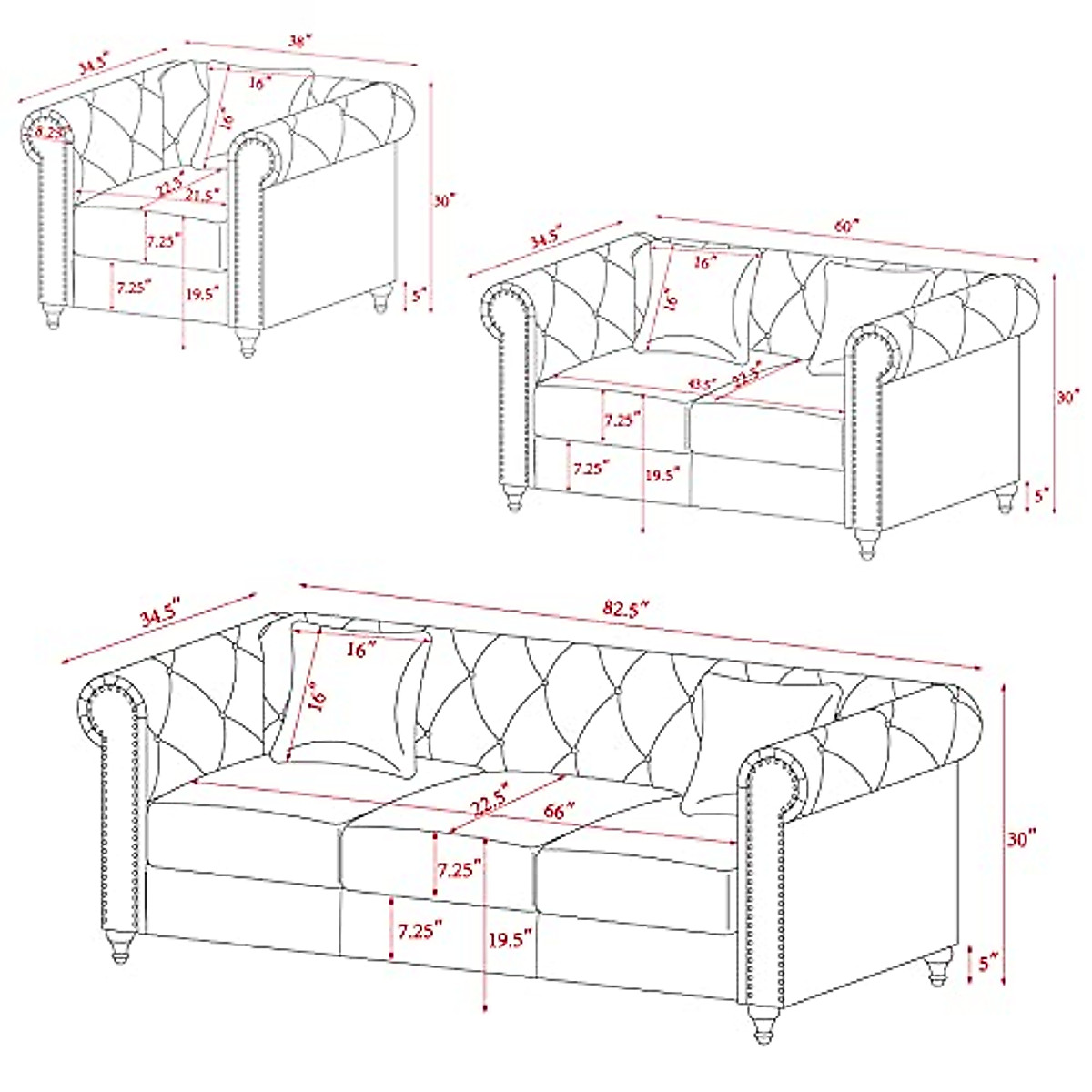 Melpomene 3 Pieces Blue Velvet Living Room Sofa Set Including 3-Seater Sofa Loveseat and Sofa Chair, with Button Tufted Nailhead and 5 White Villose Cushions (1+2+3 seat)