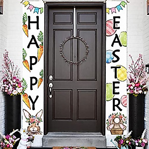 Deroro Happy Easter Bunny Rabbit Porch Banner Sign, Eggs Carrot Front Door Decorative Hanging Welcome Banner Flag, Seasonal Spring Decoration Home Outdoor Decor