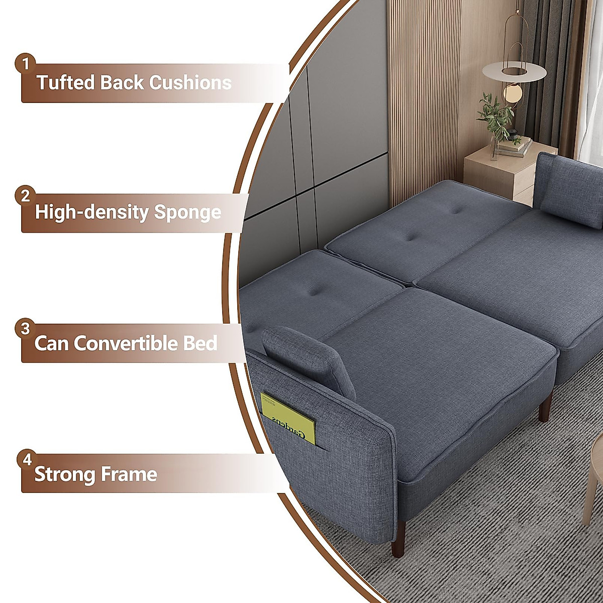 OTRIEK 75" Convertible Futon Sofa Bed with 2 Pillows and Storage Pockets, Modern Upholstered Couch Sleeper Sofa Folding Lounge for Living Room Small Space Apartment (Grey)
