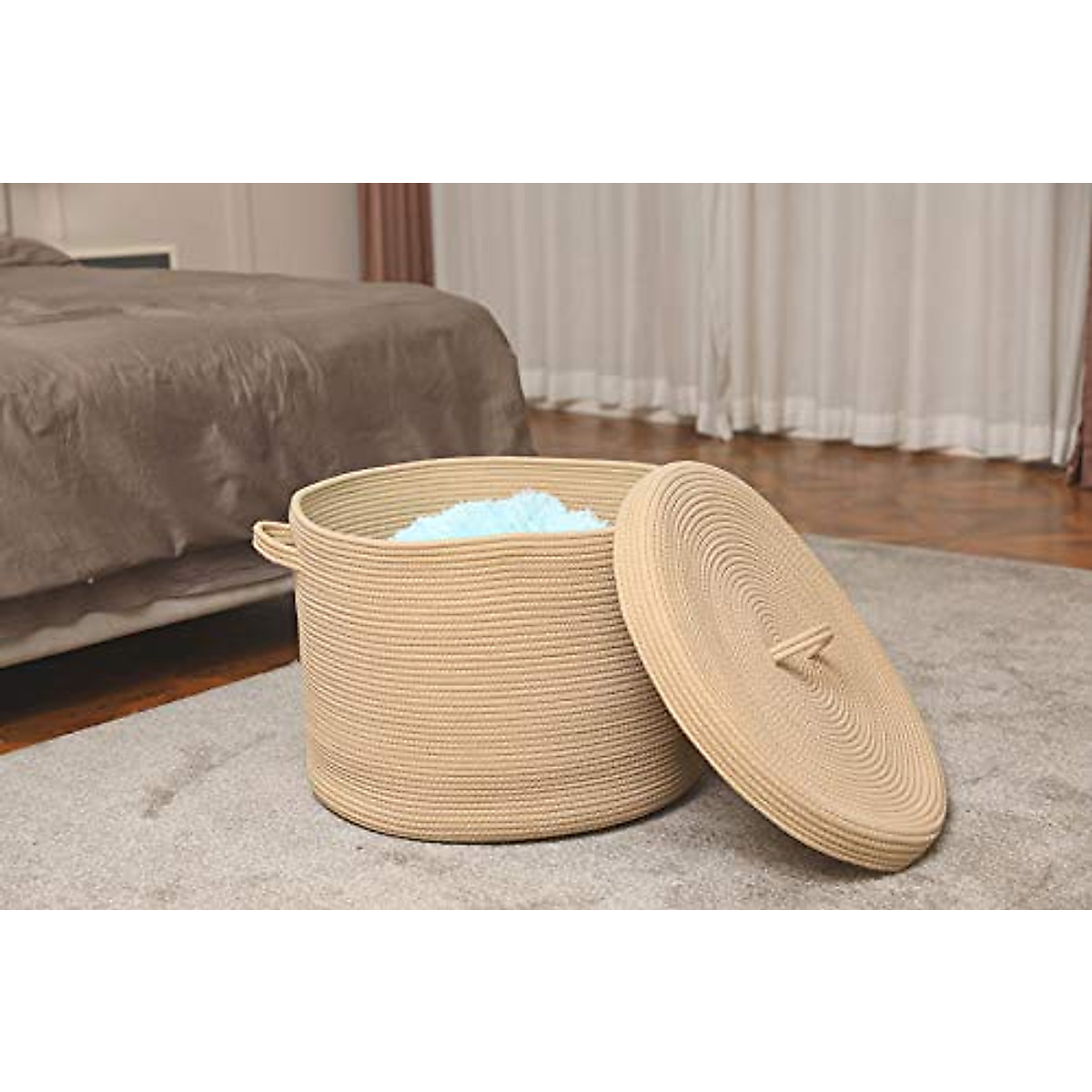 20" x 20" x 15" Extra Large Storage Basket with Lid, Cotton Rope Storage Baskets, Laundry Hamper, Toy Bin, for Toys Blankets Pillows Storage in Living Room Baby Nursery, Basket with Cover, All Beige