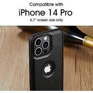 Casus Designed for iPhone 14 Pro Case Compatible with MagSafe Leather Slim Logo View Luxury Elegant Thin Protective Cover (2022) 6.1" - Black