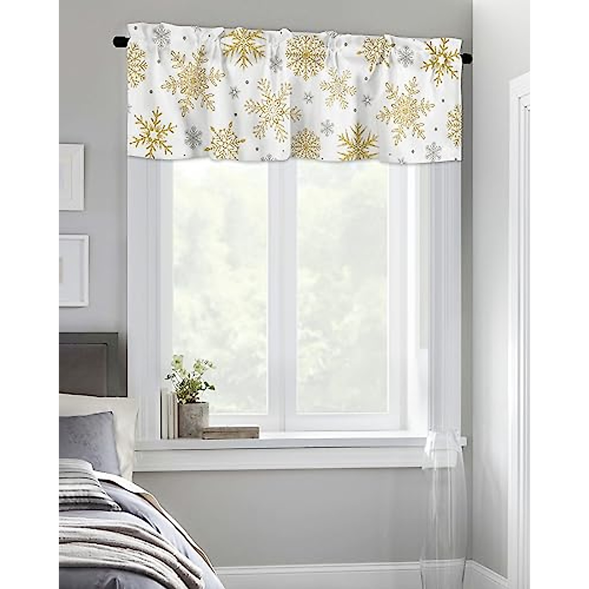 Winter Snowflake Kitchen Curtain Valance for Window Gold Grey Geometric on White 60x18In Rod Pocket Valances Short Curtains Window Treatment for Living Room Bathroom Bedroom Cafe Decor Wave Point