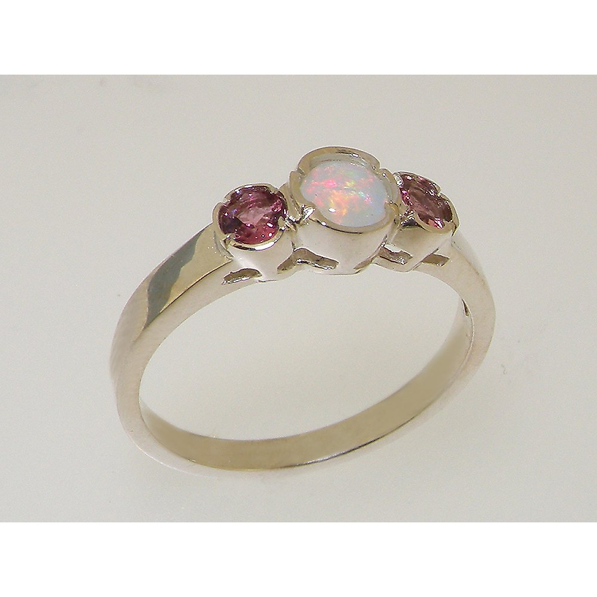 LetsBuyGold 925 Sterling Silver Natural Opal & Pink Tourmaline Womens Trilogy Ring - Size 9.5