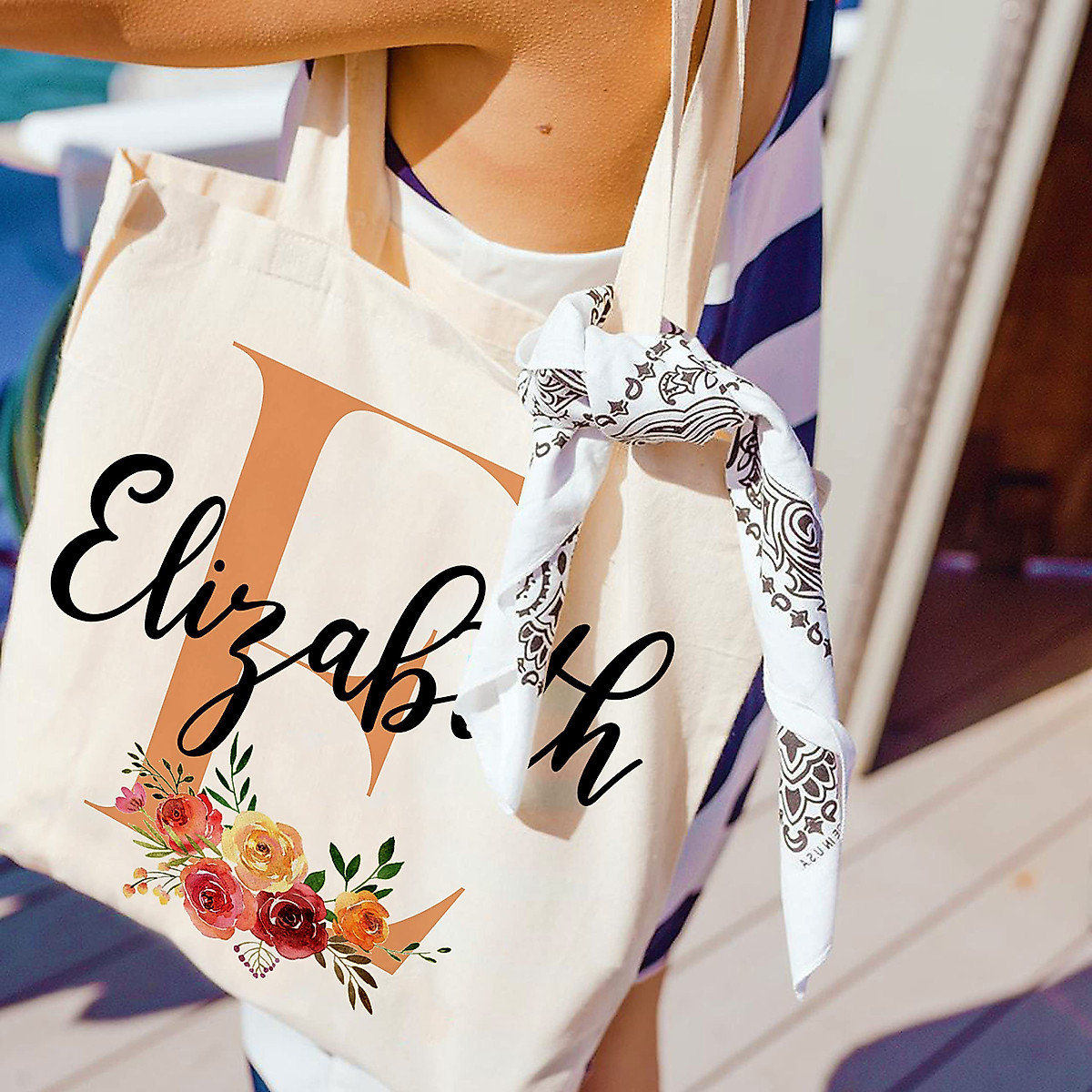 Personalized Wedding Floral Tote Bags Gift for Bridesmaid w/Initial & Name - 8 Design - Customized Canvas Bag for Girls - Custom Beach Shoulder Bag - Maids Bachelorette Party Bridal Shower Gifts C1