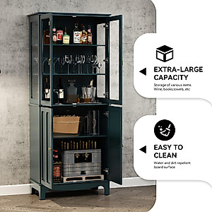 ARTPOWER 72" Freestanding Kitchen Pantry Storage Sideboard, Classical Tall Cabinet with Glass Door and Adjustable Shelves for Kitchen, Livingroom and Dining Room, Dark Teal