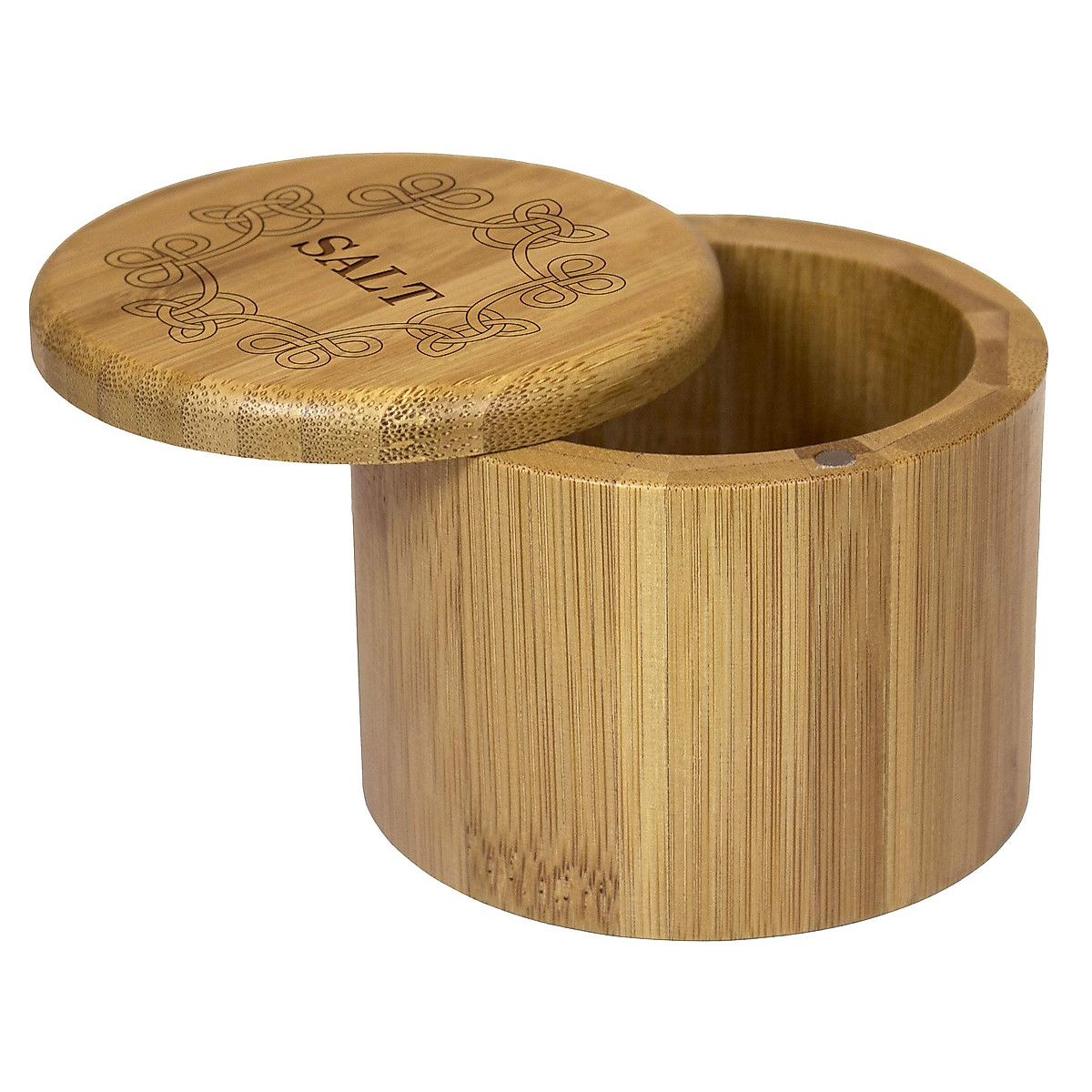 Totally Bamboo Salt Cellar Bamboo Storage Box with Magnetic Swivel Lid, 6 Ounce Capacity, Celtic Knot Engraved on Lid
