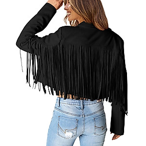 PRETTYGARDEN Women's Fringe Faux Suede Leather Jackets 2025 Fashion Tassel Motorcycle Cropped Coats (Black,Large)