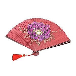 Chinese Fan Hand Held Folding Fans With Classic Tassels Summer Gift Fan Peony Flower Pattern Fan Decorative Fans Japanese Fan (Color : Rojo, Size : 18.5 * 32cm)