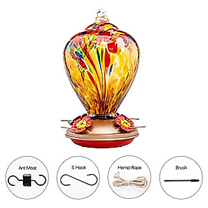 LaElvish Garden Hummingbird Feeder, 34OZ Hand Blown Glass Hummingbird Feeders for Outdoors Hanging, 4 Feeding Perch with Ant Moat Leakproof, Garden Yard Decor Gifts for Women Mom (Golden Balloon)