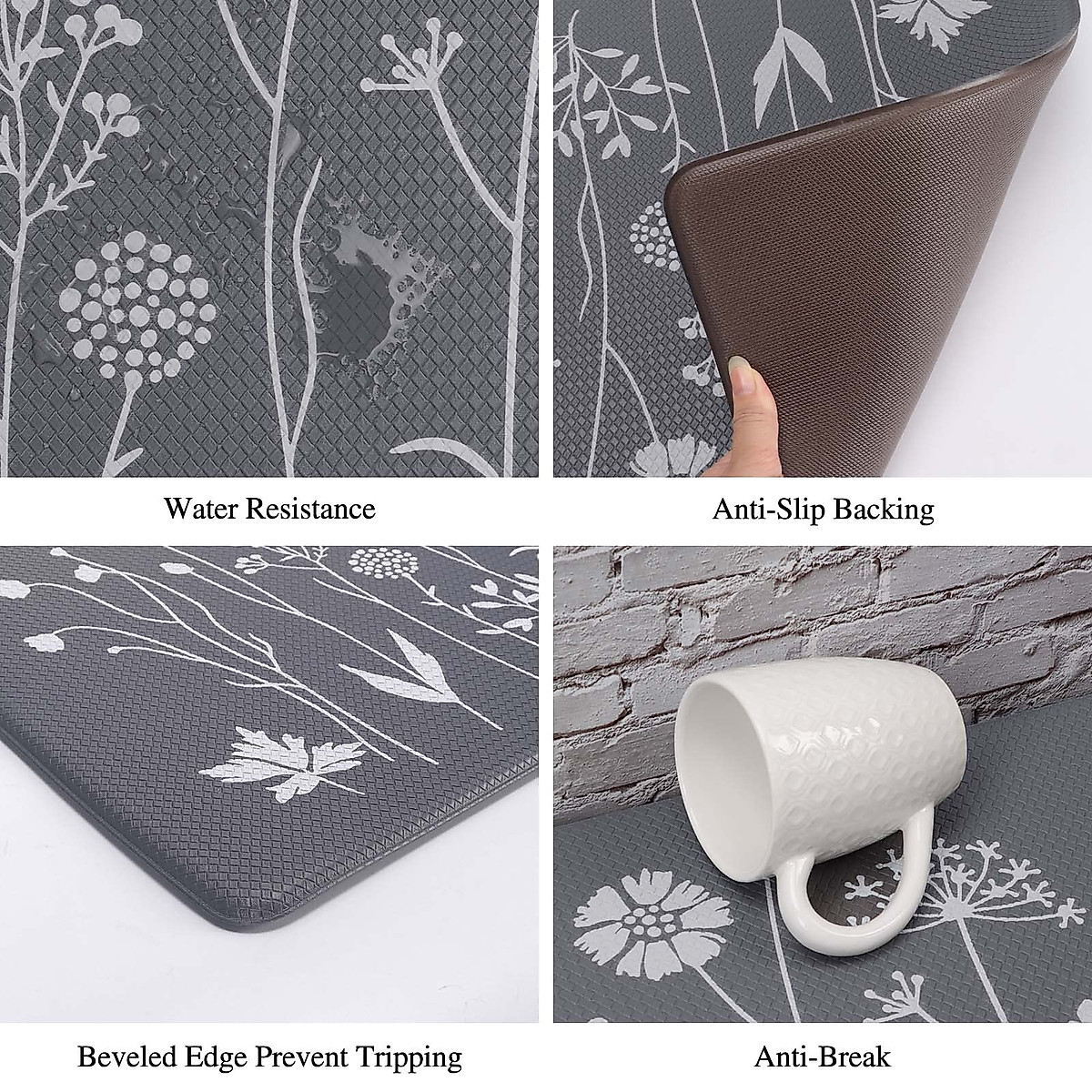 Rempry Kitchen Mat for Floor 0.47inch, Non Slip Thick Kitchen Rugs and Mat Set of 2, Waterproof Cushioned Anti Fatigue Kitchen Mat, 17"x47"+17"x29" Grey