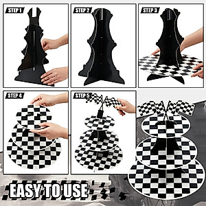 3 Sets Race Car Party Decorations 3 Tier Round Cardboard Cupcake Stand for Racing Cars Birthday Party Supplies 100 Checkered Baking Cups Liners 100 Race Car Flag Black and White Fast Party Decorations