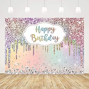 Ticuenicoa 7x5ft Happy Birthday Backdrop for Party Glitter Rainbow Colorful Bokeh Birthday Background for Photography Shinning Silver Diamonds Birthday Decorations for Princess Cake Table Banner