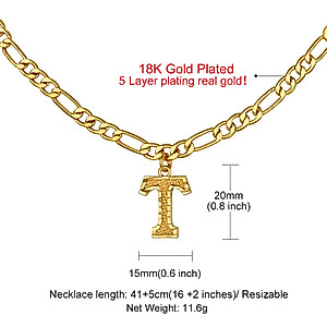 Gold Plated Diamond Cut Letter Initial T Pendant Necklace for Women A-Z Name Jewelry 16Inch/18inch Figaro Choker Chain Adjustable Personalized