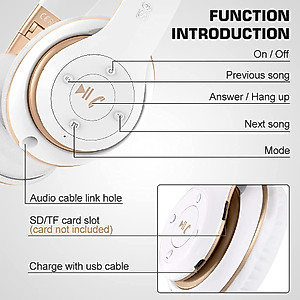 6S Wireless Bluetooth Headphones Over Ear, Hi-Fi Stereo Foldable Wireless Stereo Headsets Earbuds with Built-in Mic, Volume Control, FM for iPhone/Samsung/iPad/PC (White & Gold)