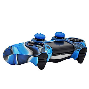 SKINOWN Silicone Case Anti-Slip Protective Grip Cover for PS4 Controller with 4 Thumb Grips(Blue Camo)