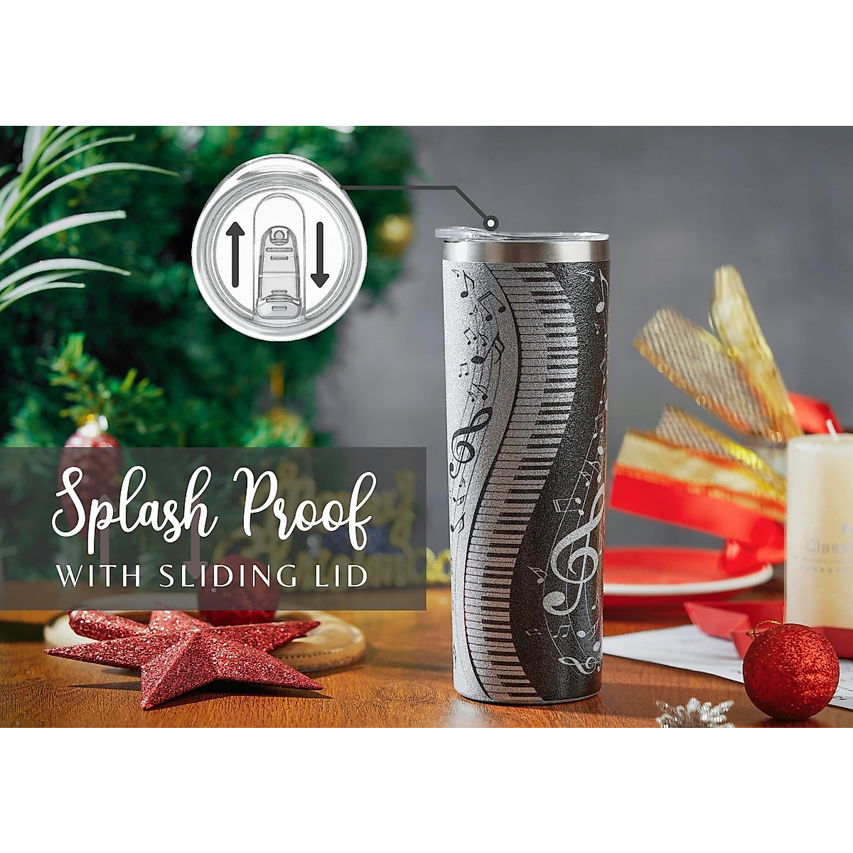 Onebttl Piano Gifts for Women, Men, Piano Teacher and Piano Lovers, 20oz/590ml Stainless Steel Insulated Skinny Tumbler with Straw & Lid - Glitter