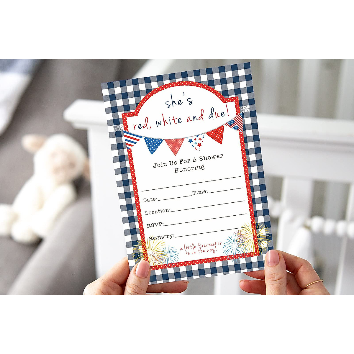 M Market On Mainstreet Red, White & Due Baby Shower Invitations, Books For Baby & Diaper Raffle & Thank You Cards (Invitations)
