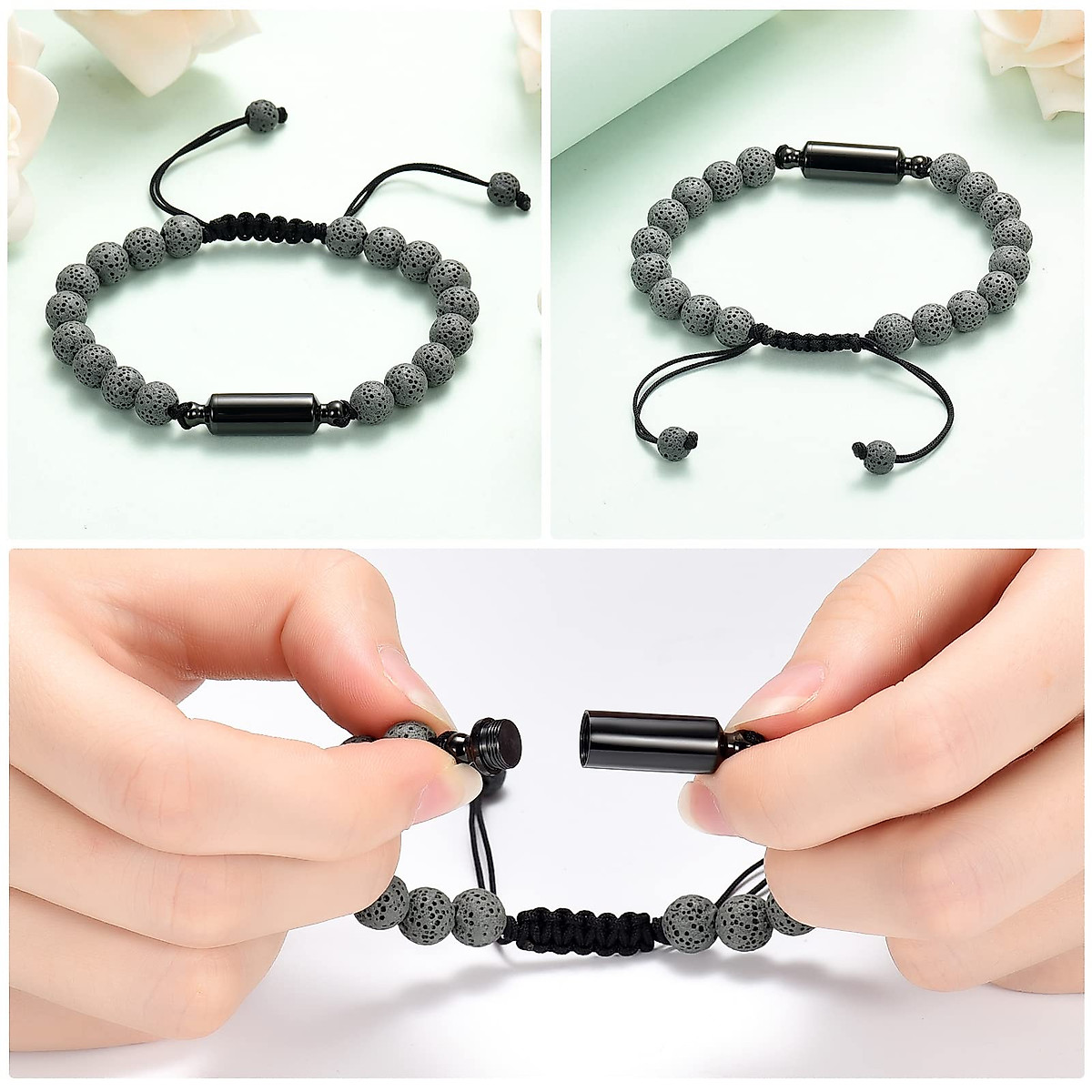 shajwo Cylinder Urn Bracelet for Ashes for Women Men Cremation Jewelry Memorial Keepsake Adjustable Lava Bracelet,Gray