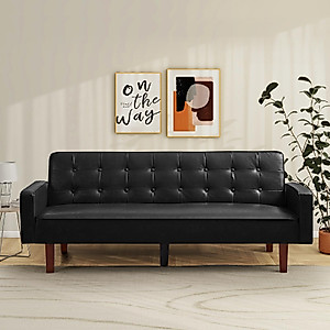 IULULU Futon Sofa Bed, Modern Convertible Faux Leather Sleeper Couch with Armrests for Studio, Office, Apartment, Compact Living, Game Room, Overnight Guests, Retro Black