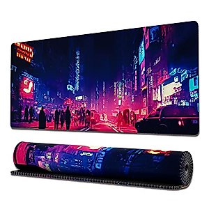 Ovenbird Large Gaming Mouse Pad with Stitched Edges, Cyberpunk Neon City Desk Mat, Extended XL Mousepad with Anti-Slip Base, Cool Desk Pad for Keyboard and Mouse, 31.5 x 11.8 in, Black