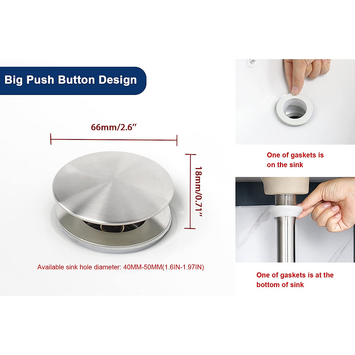 NearMoon Bathroom Sink Drain Without Overflow, 304 Stainless Steel Pop up Drain with Detachable Strainer Basket, Anti-Clogging Hair Catcher Assembly Stopper Vessel Sink (Brushed Nickel)