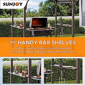 Sunjoy Grill Gazebo 5 ft. x 8 ft. Brown Steel Frame Double Tiered Hardtop Gazebo with Ceiling Hook and Bar Shelves