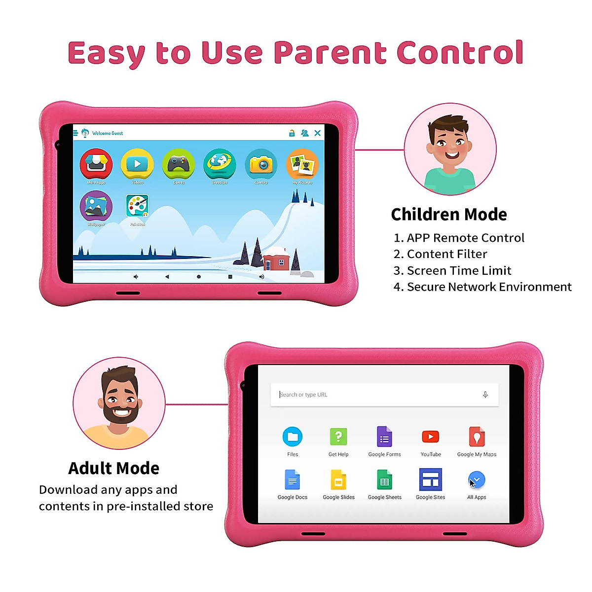 8 inch Tablet for Kids, Android 10 Kids Tablet with Parental Control, Kidoz Installed, 4000 mAh, HD Display, 32GB, Dual Camera, WiFi, Bluetooth, Google Play, Children Tablet with Shockproof Case, Pink