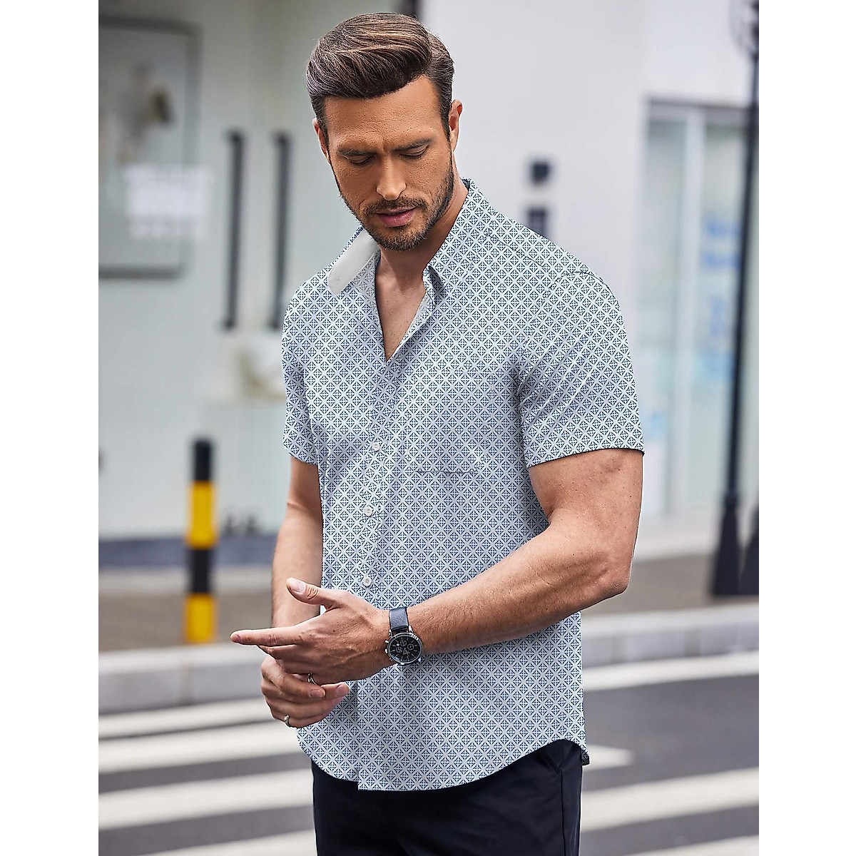 COOFANDY Men's Short Sleeve Dress Shirts Wrinkle Free Polka Dot Print Shirt Casual Button Down Shirts with Pocket