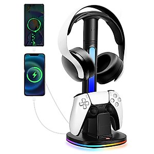JDGPOKOO PS5 Controller Charging Station with RGB Headphone Stand, PS5 Controller Charger Holder with 2 USB Port, Headset Stand for PlayStation 5 Controller & DualSense Edge Controller Charging Dock