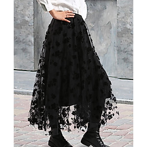 Women's A Line Tulle Midi Skirt Tutu Tiered Petticoat Skirts Tea-Length Elastic Waist Tutu Skirts (Flower Black 3 Layer)