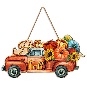 BBTO Fall Pumpkin Welcome Sign Hello Fall Wood Hanging Decoration Autumn Wooden Signs Rustic Thanksgiving Decorative for Porch Home Wall Indoor Outdoor Decor(Truck)