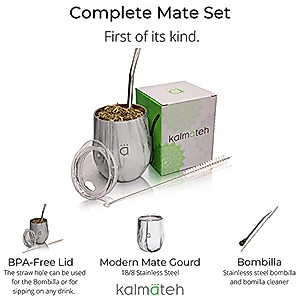 Kalmateh Yerba Mate Gourd Extra Large (12 oz) Mate Cup with BPA Free Travel Lid, Bombilla Filter Straw & Bombilla Cleaner- 18/8 Double Walled Vacuum Insulated Stainless Steel (Wood)