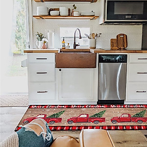 Libaoge Merry Christmas Kitchen Rugs and Mats Set of 1 Red Truck Pull Xmas Tree on Rustic Wood Grain Kitchen Sink Mat,Non-Slip Area Runner Rug,Washable Floor Mat for Home Dining Room Office 15"x47"