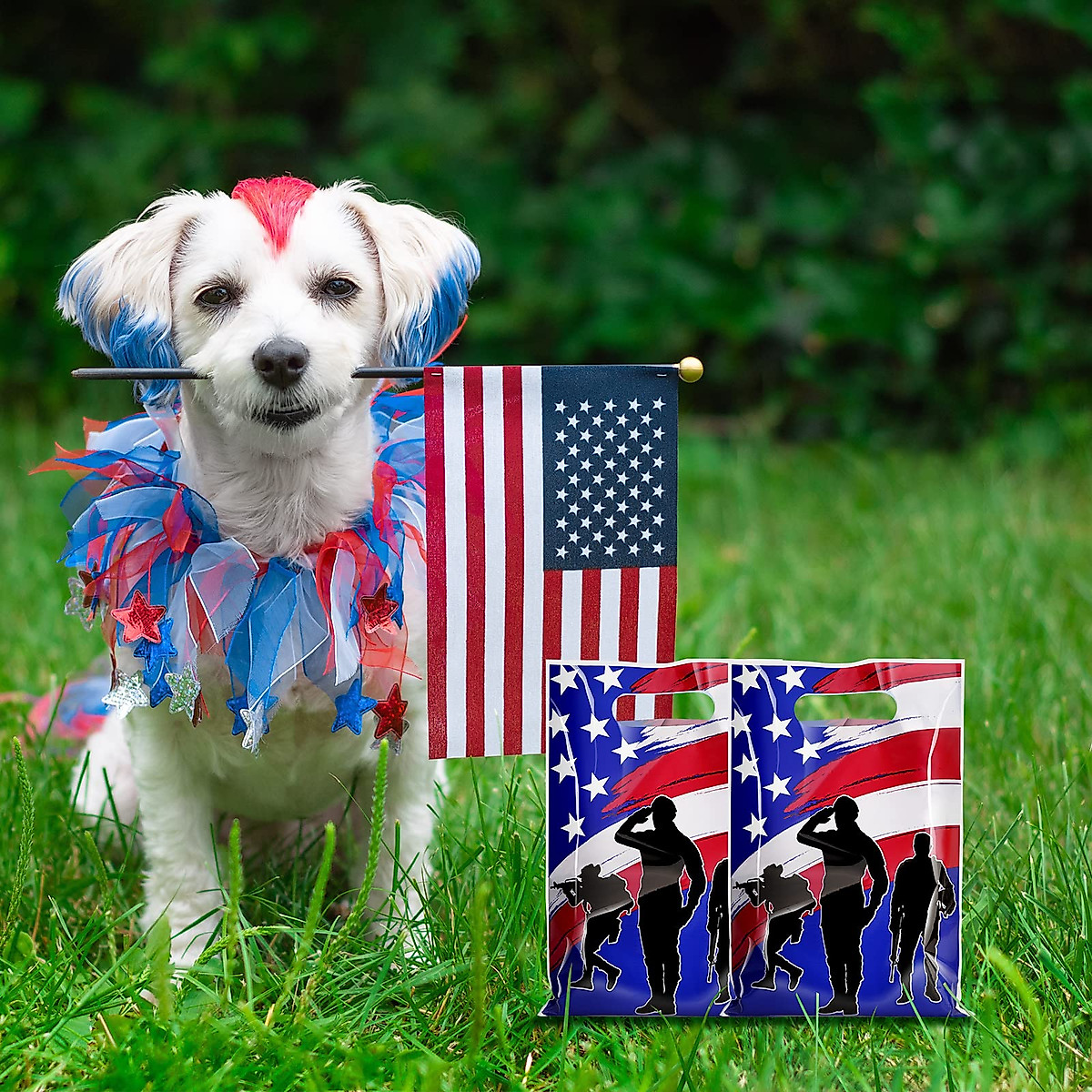 MASHAN 50pcs Veterans Day Gift Bags, Plastic Goodies Treat Bags with American Flag Patriotic Soldier for Independence Day Veterans Day and Army Party Decorations