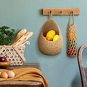 4 Pcs Jute Hanging Fruit Baskets for Kitchen Boho Hanging Wall Basket Handwoven Potato Garlic Onion Pantry Storage Baskets for Kitchen Wall Home Restaurant Vegetable Holder (Khaki, Classic Style)
