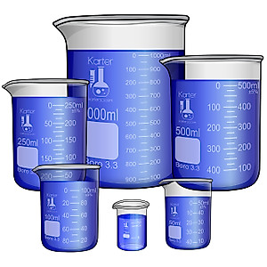 Glass Low Form Beaker Set, 6 Sizes - 10, 50, 100, 250, 500, and 1L, 3.3 Borosilicate Glass, Karter Scientific