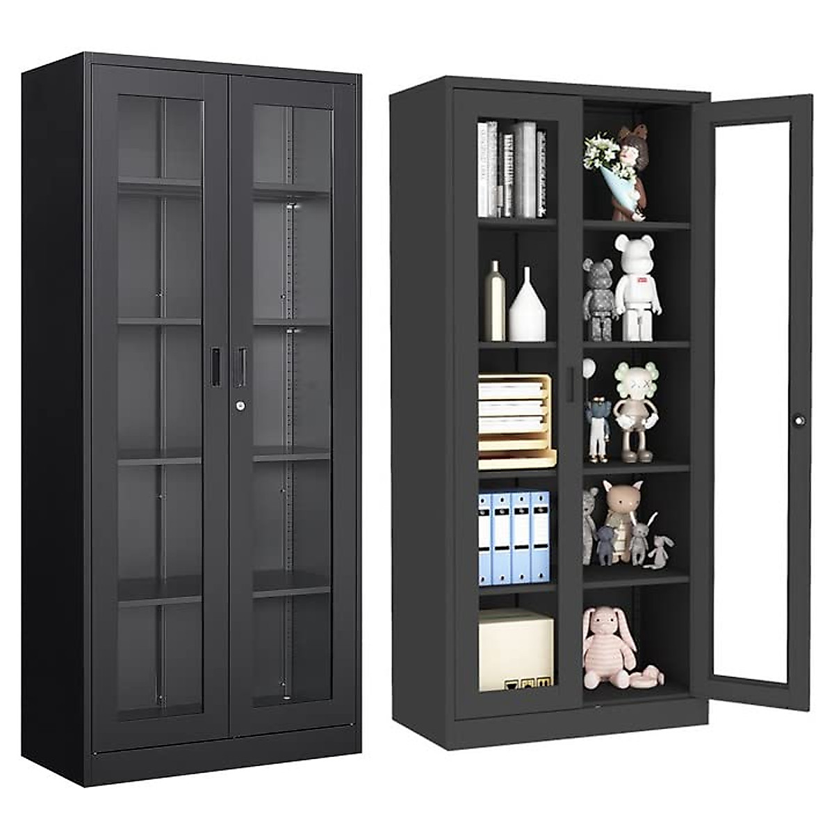 AFAIF 71" Curio Cabinet Glass Display Cabinet with 4 Adjustable Shelves, Tall Bookshelf Bookcase with Glass Doors, Lockable Metal Storage Cabinet Modern Liquor Cabinet for Home Office Pantry Bathroom