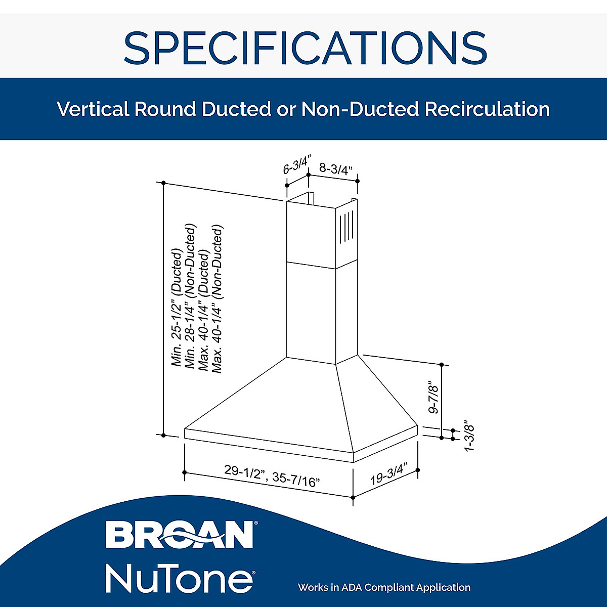 Broan-NuTone BW5030SSL Stainless Steel LED 30-inch Wall-Mount Convertible Chimney-Style Range Hood with 3-Speed Exhaust Fan and Light