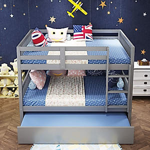 Olela Full Over Full Bunk Bed with Twin Trundle,Convertible Wood Full Bunk Bed Frame with Trundle Guard Rail Ladder for Kids Teens,No Box Spring Need,Gray