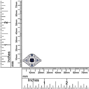 AFFY 10K Solid White Gold Vintage Style Cushion & Round Simulated Sapphire & White Natural Diamond Engagement Ring Size 7