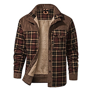 Haellun Men's Long Sleeve Sherpa Lined Shirt Jacket Flannel Plaid Fleece Coats (Medium, Coffee)