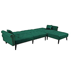 115¡±W Button Tufted Velvet Convertible Sectional Sofa Bed Sleeper with Reversible Chaise & 2 Pillows Indoor Modular Sofa (Green)