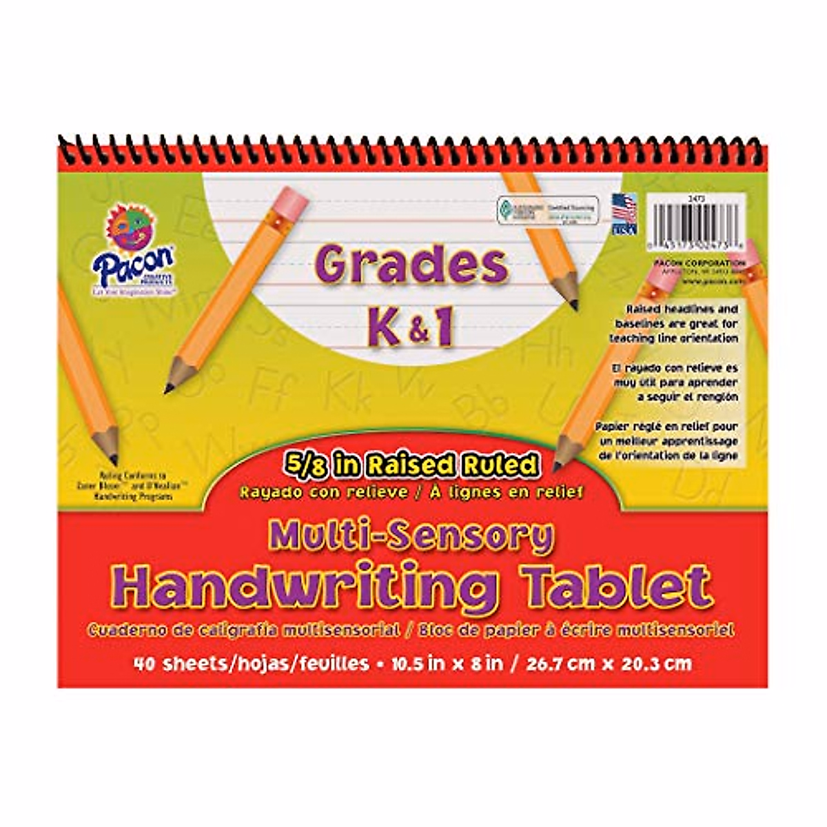 Pacon PAC2473 Multi-Sensory Raised Ruled Tablet, 5/8" Ruled, Spiral Bound