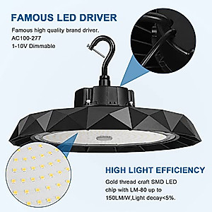 HONMY LED High Bay Light 100W 1-10V Dimmable 5000K 15000LM IP65 Waterproof UFO Commercial Bay Lighting with 5ft US Cable Plug for Warehouse Workshop Garage Factory Lights Fixture