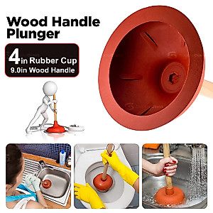 SUPPLYGIANT SU3222 Sink Plunger - Heavy Duty Rubber Plunger for Bathroom - Small Plunger for Sink with 9” Wooden Handle to Fix Clogged Basins and Tubs